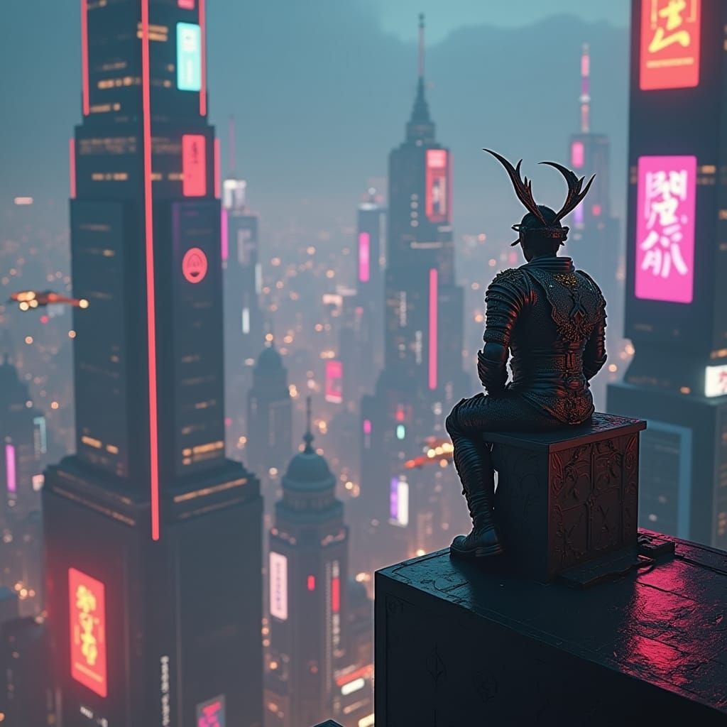 Cyberpunk Shogun Atop Neon Metropolis - AI Art