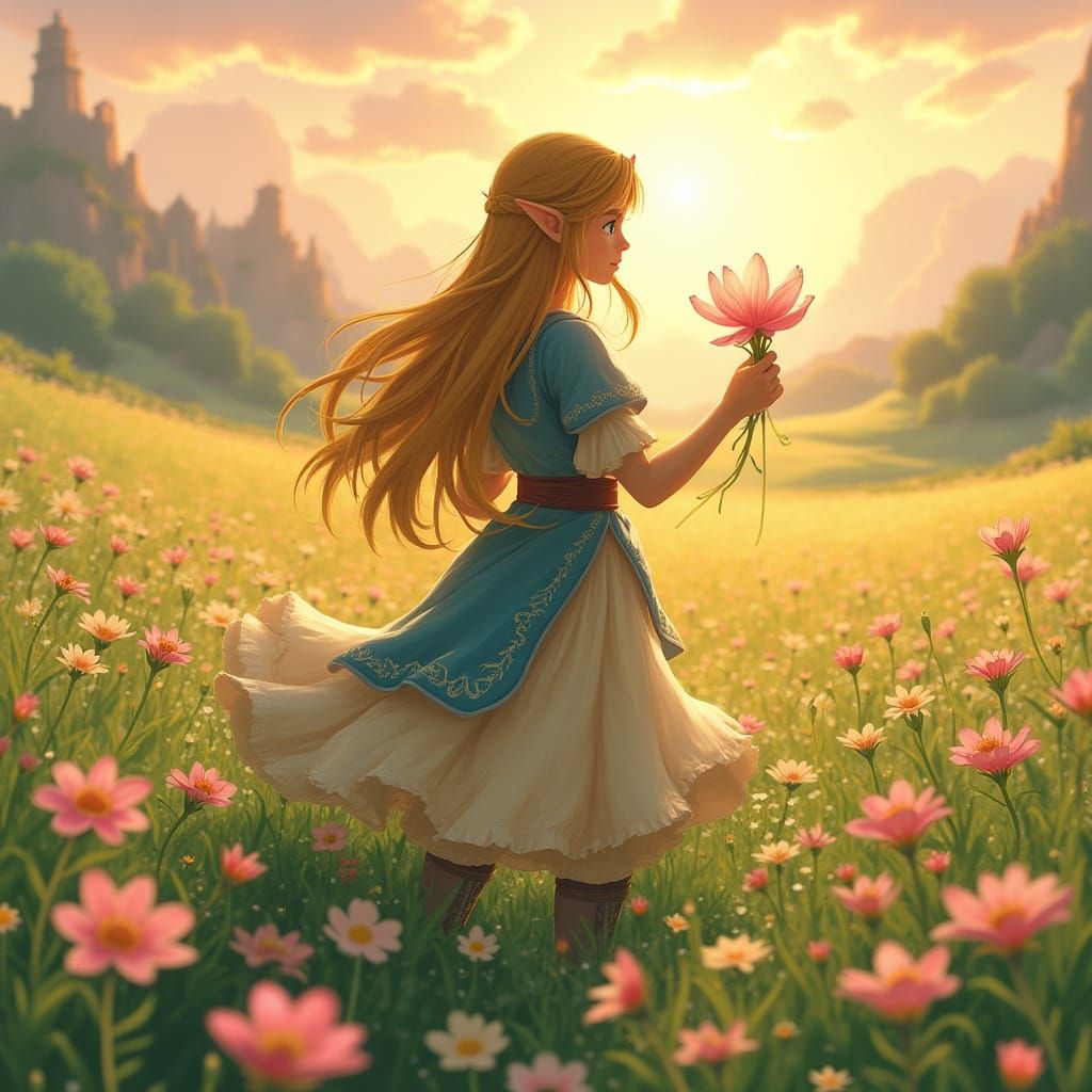 botw zelda holding a flower - Princess Zelda in a Watercolor...