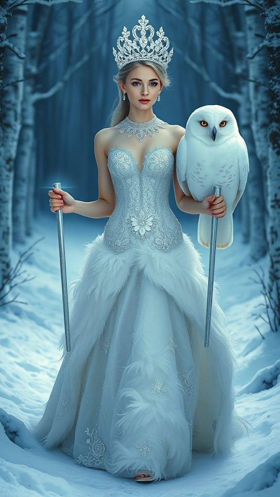 A young woman, light-skinned, stands centrally in a snowy forest scene ...