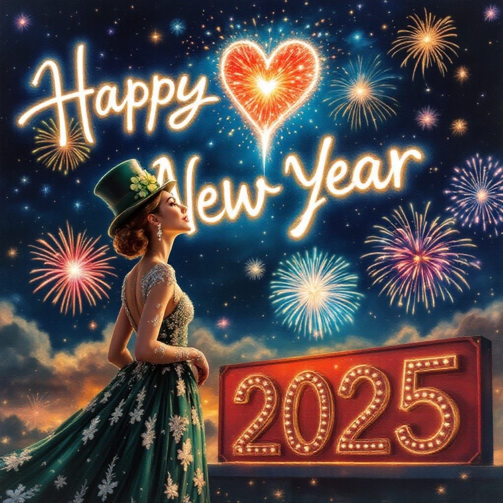 A colorful firework, a clover leaf, a heart, a sign of the number "2025".