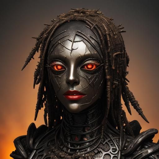 Close-up metallic mummy patched liquid and glitter sculpture with weird ...