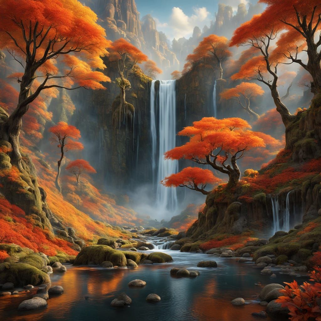 Autumn Falls - Surreal Autumn Waterfall in Gustav Klimt Styl...