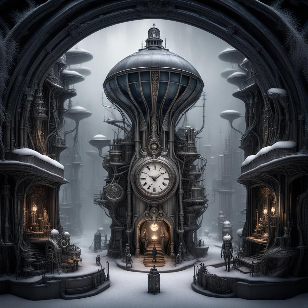 HR Giger snowy mysterious popup steampunk world with miniature people ...