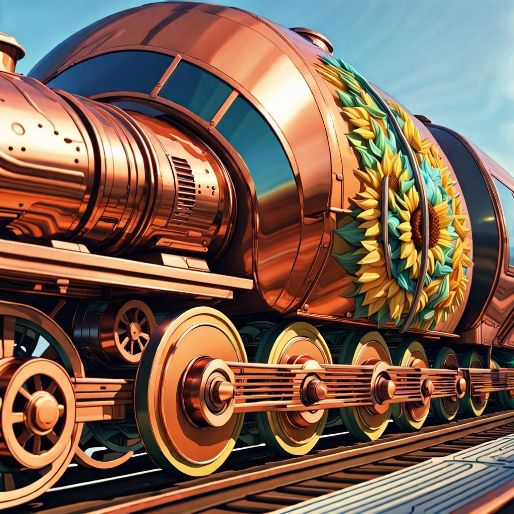 Side view of Speeding multi-color copper train with sunflower wheels ...