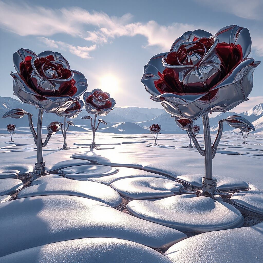 Giant chrome roses growing from the ground