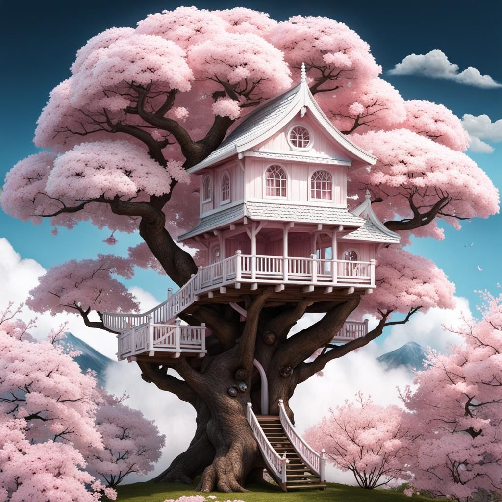 Cherry blossom treehouse made of clouds - AI Generated Artwork - NightCafe Creator