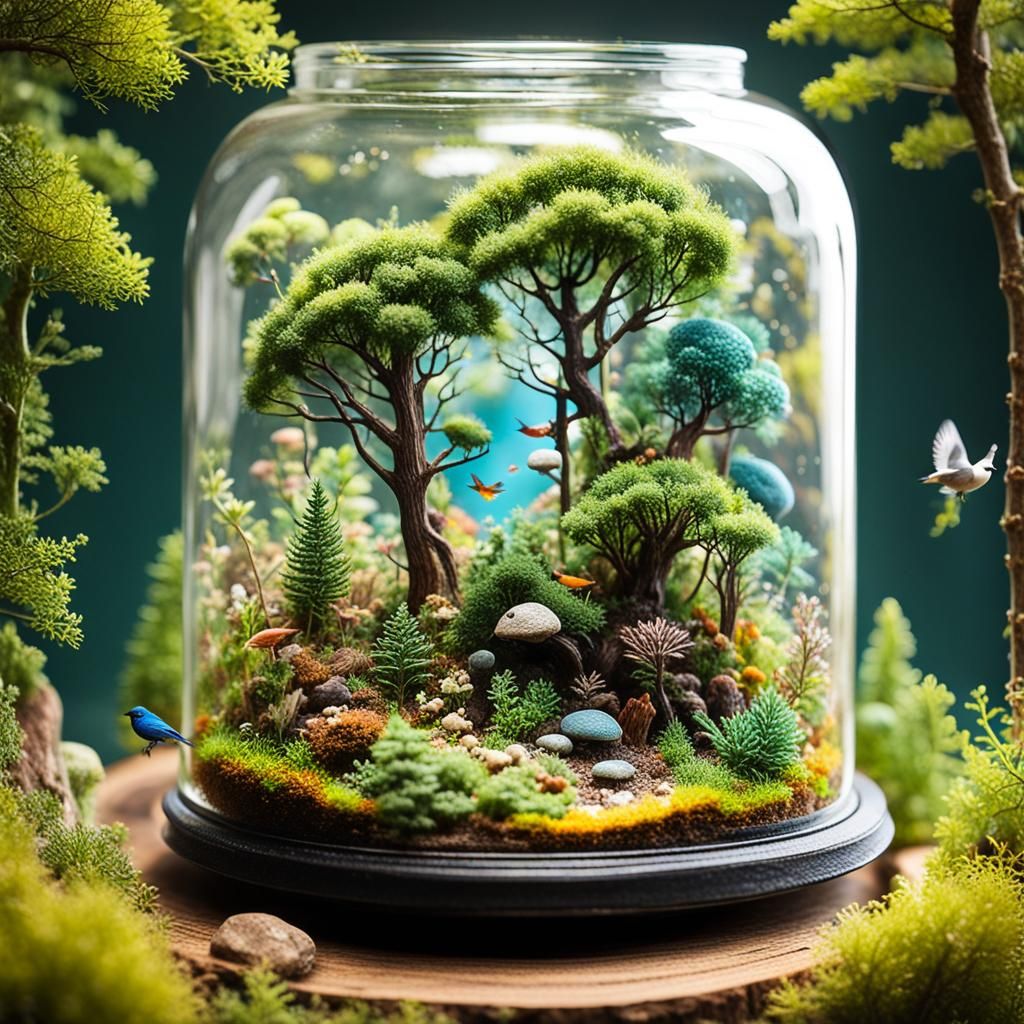 miniature ecosystem within a glass jar, showcasing a tiny, self ...