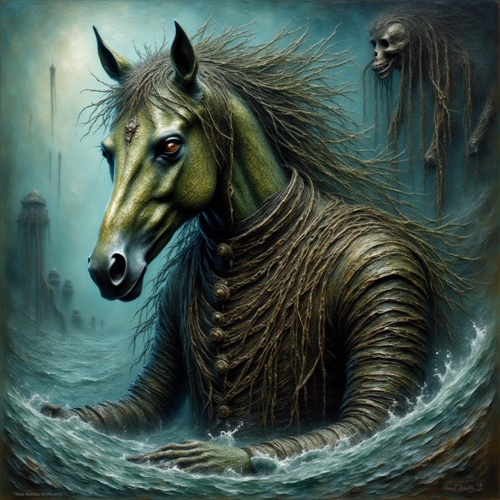 Glashtyn: Horse Goblin Emerges from Misty Ocean - AI Art