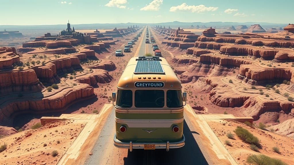 Sleek Modern Buses Conquer Alien Canyons in Low Fl... - AI Art