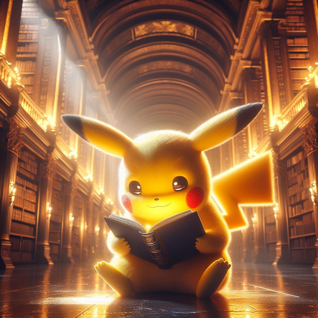 Pikachu reading a book inside an ancient library - AI Generated Artwork ...