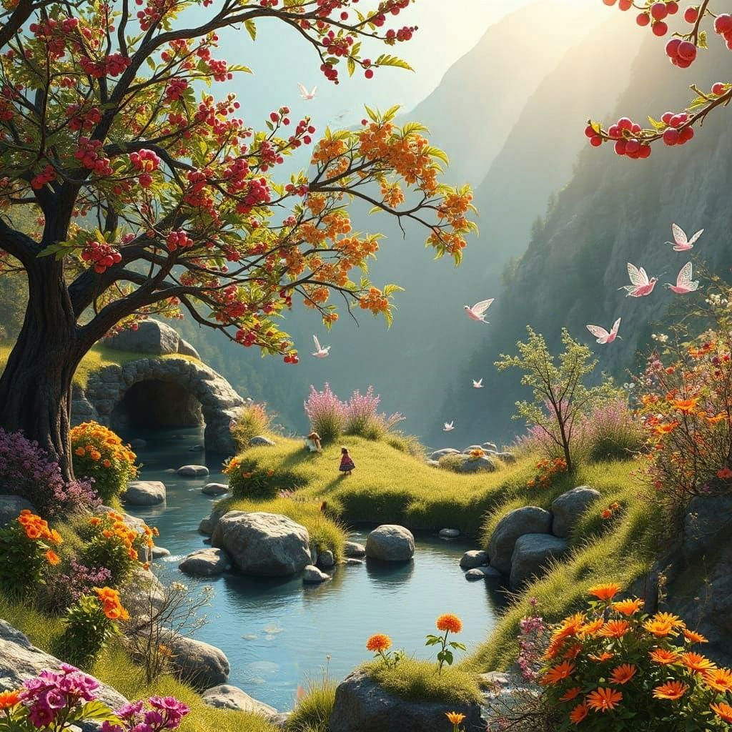 Whimsical Fairy Glen Scene in a Warm, Golden Light - AI Art