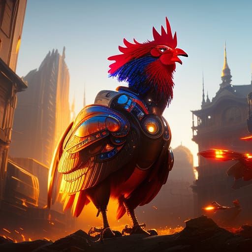 "robot rooster", wide shot, hellscape background, 8k resolution concept ...