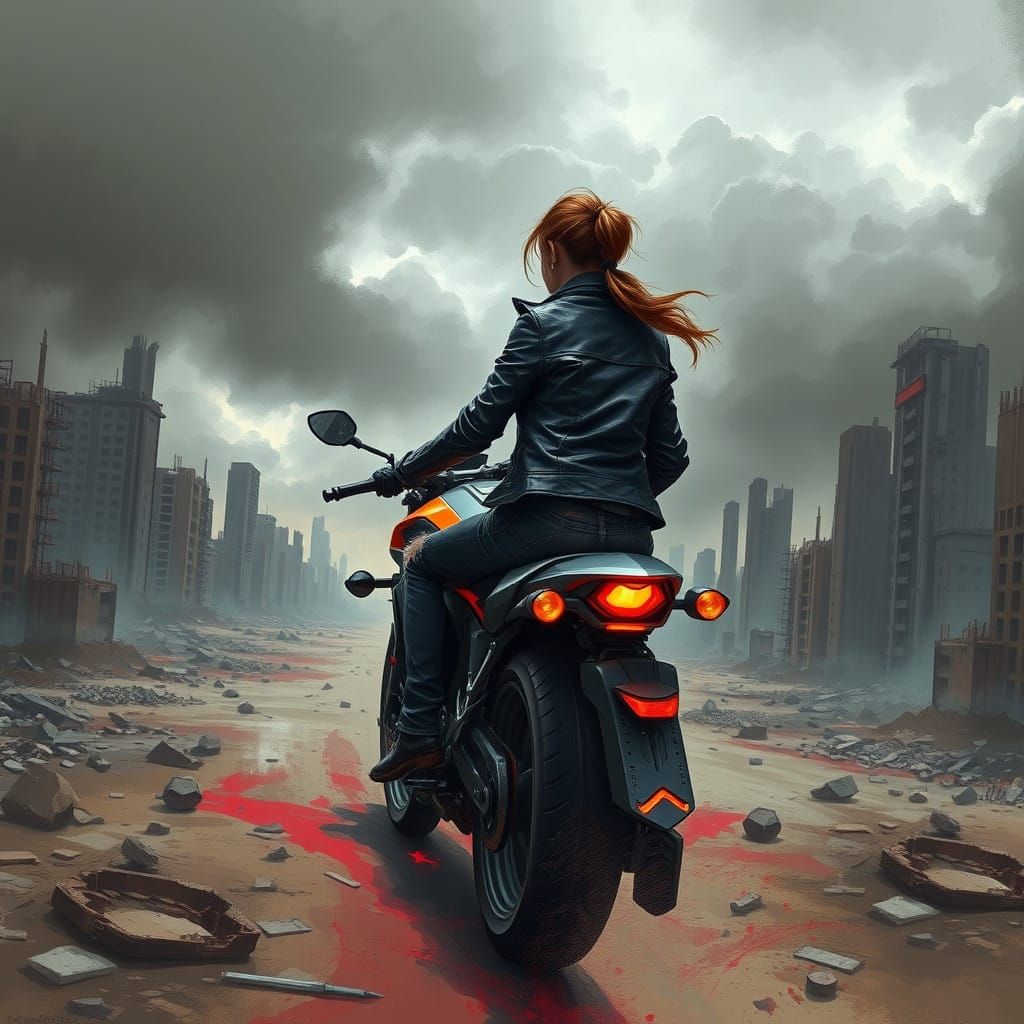Girl Rides Motorcycle Through Post-Apocalyptic Rui... - AI Art
