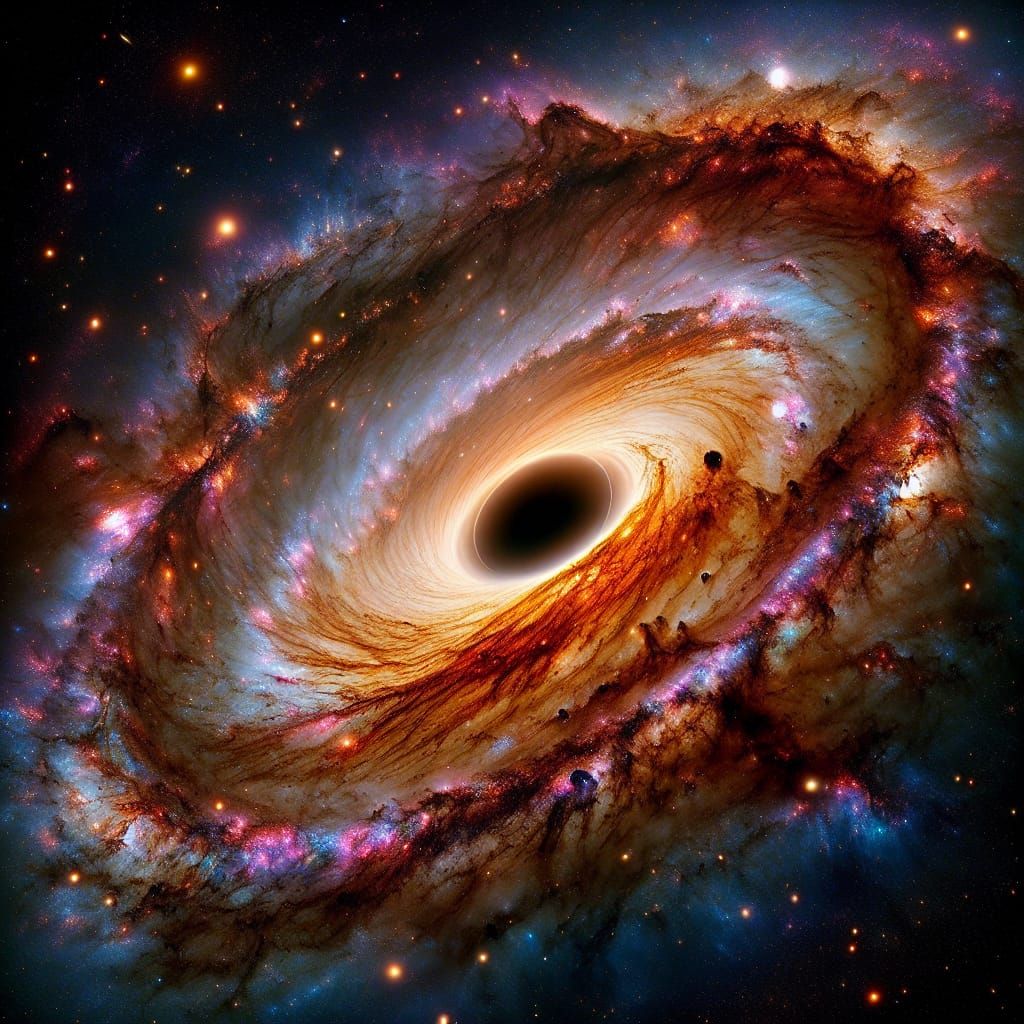 A black hole in the center of a sprawling multicolored spiral galaxy, impressive, awe-inspiring ...