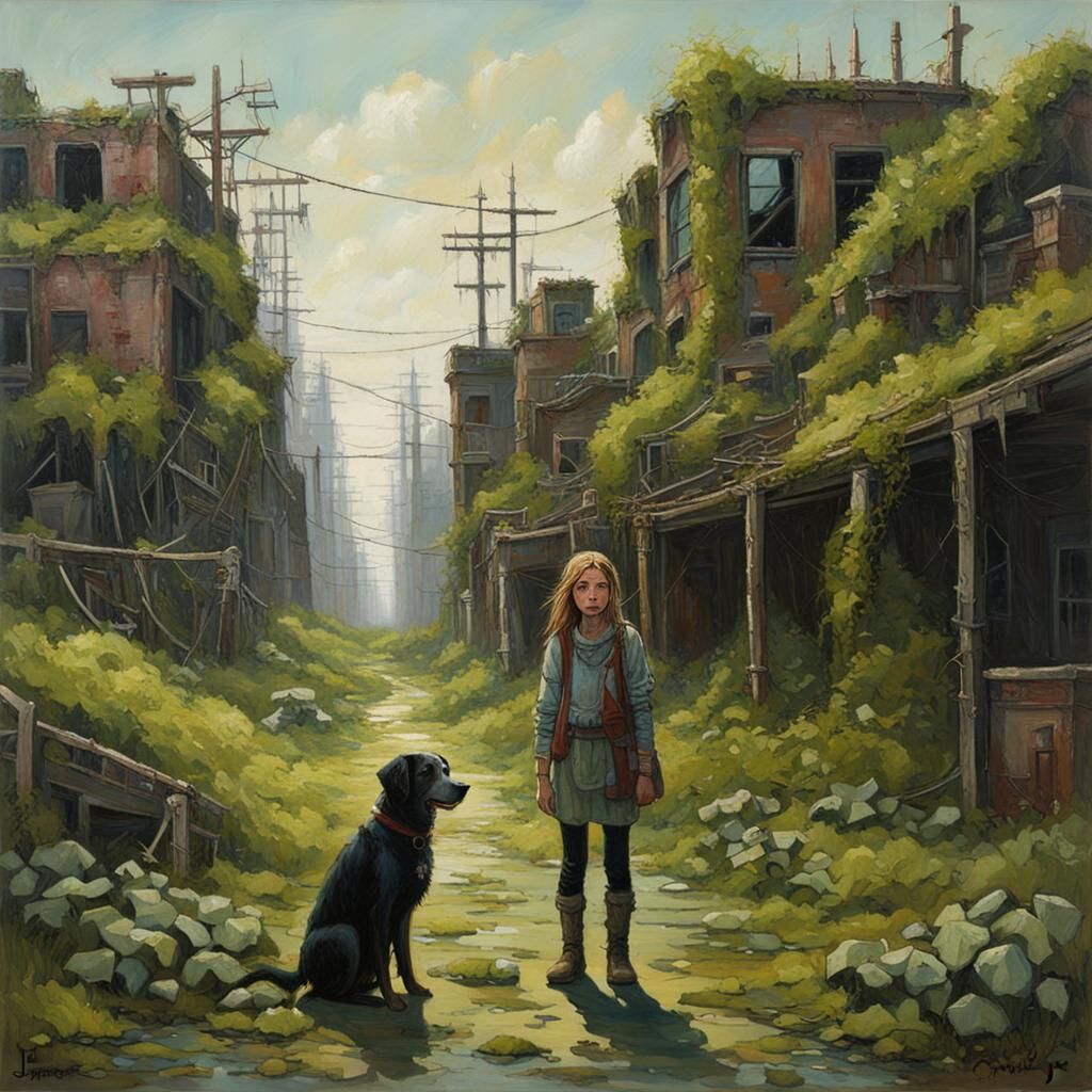Girl and her dog in a post apocalypse city Overgrown covered in vines ...
