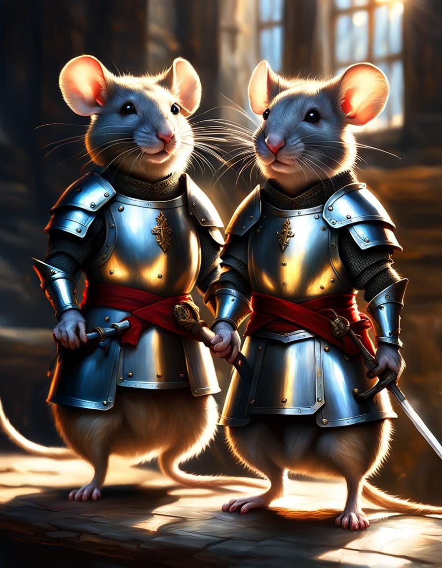 Mice wearing knight armor with a red sash on the hip and sword in sword ...