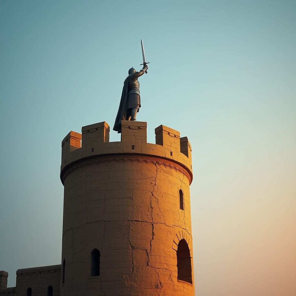 Medieval Castle Turret in Sun-Baked Clay with Hero... - AI Art