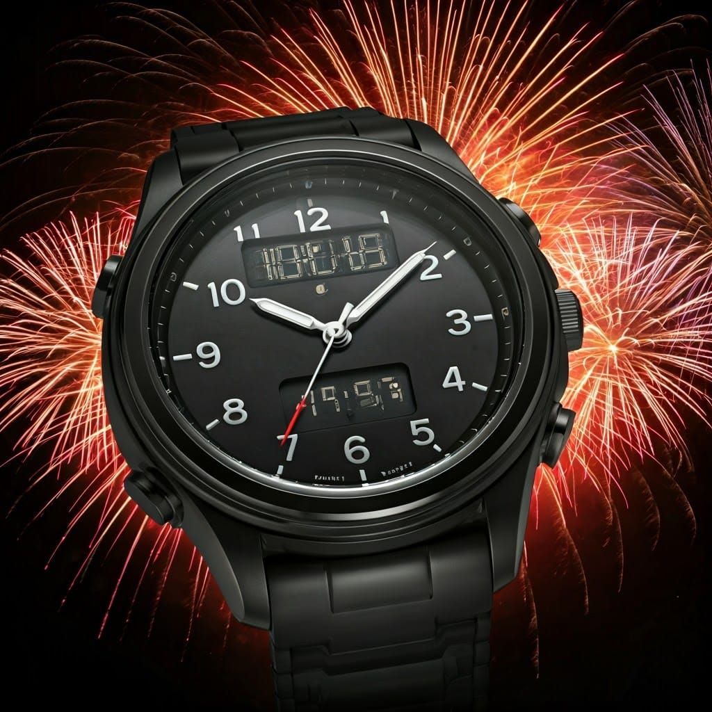 Cosmic Digital Clock Tower at Midnight with Firewo... - AI Art