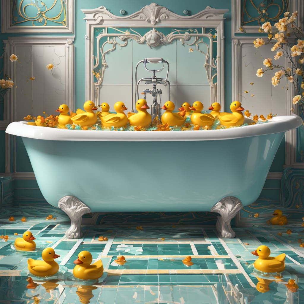 Surreal Art Nouveau Tub Scene with Rubber Ducks in... - AI Art