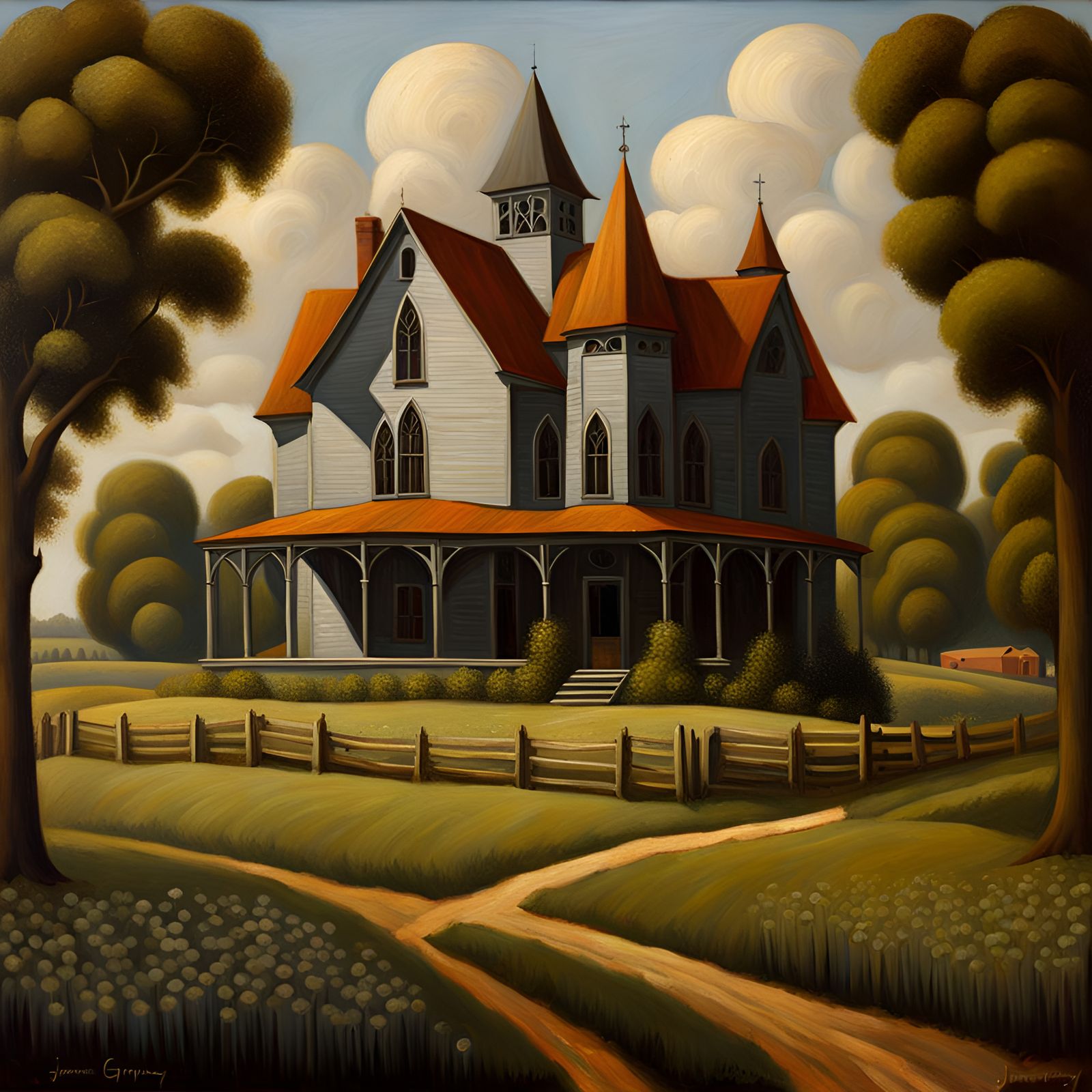 A gothic farm house painted in the style of Grant Wood - AI Generated ...