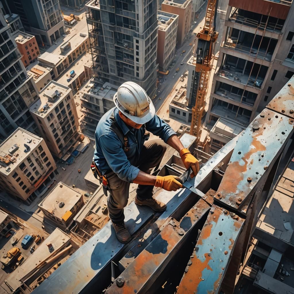 Man working on wedge of a metal at a tall building construction top ...