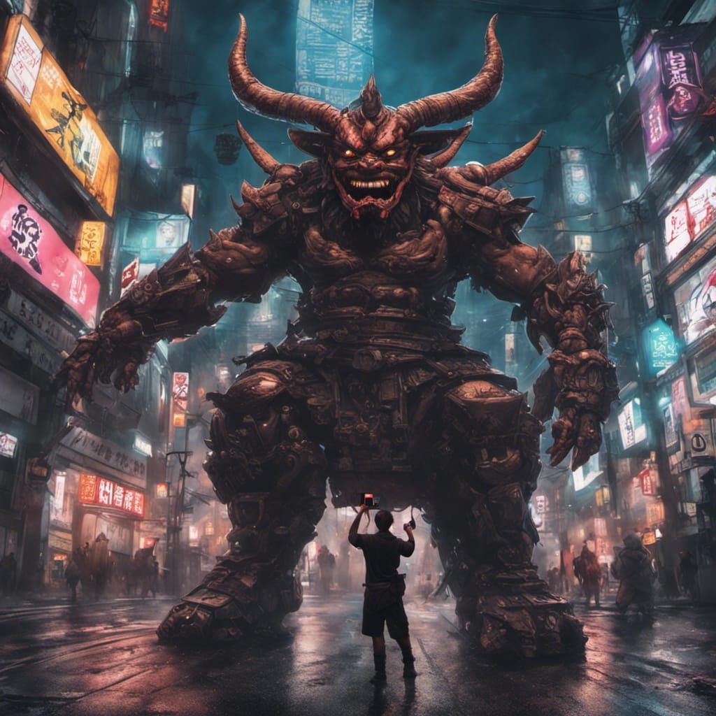 young man taking a selfie with an oni in the center of tokyo, cyberpunk ...