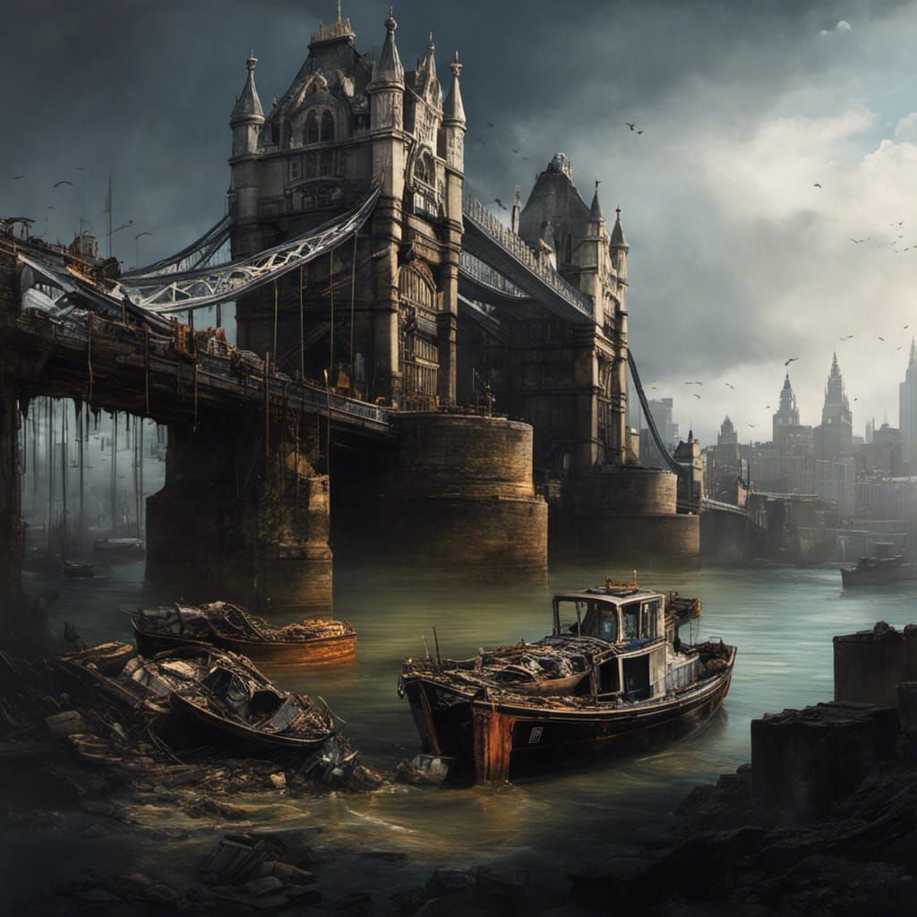 A crumbling fallen Tower Bridge in a decaying post-apocalyptic London ...