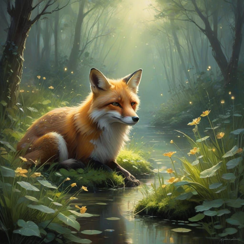 Whispering Fox in Twilight Garden - AI Art