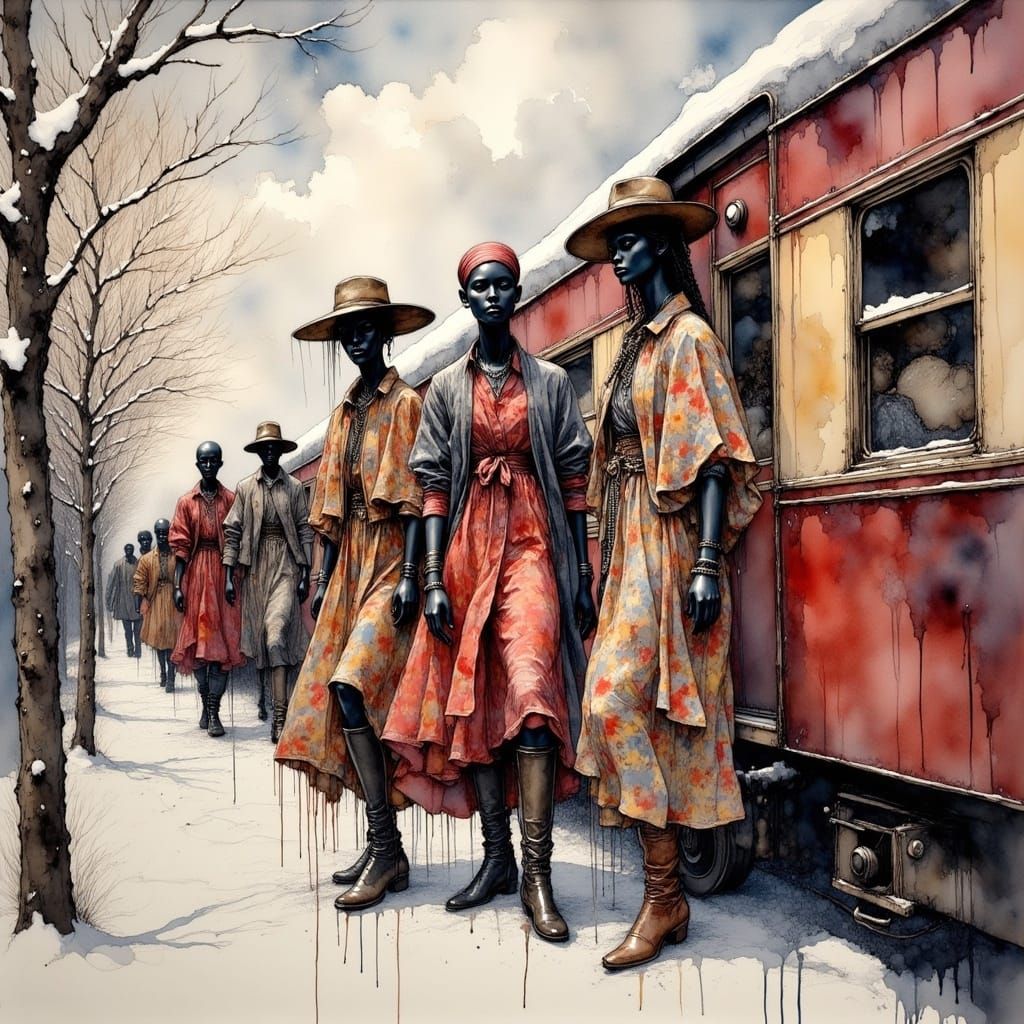 This is a photo of a group of tall and dark mannequins dressed in ...