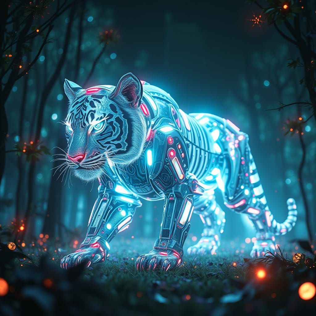 Robotic Tiger - Cybernetic Tiger in an Ethereal Art Deco Lan...