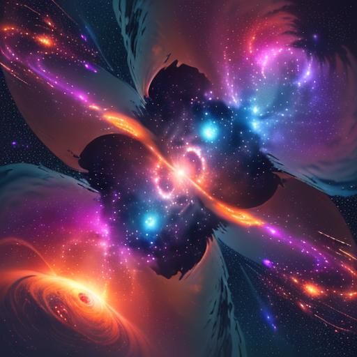 a light-speed landscape where two celestial bodies collide. The impact ...