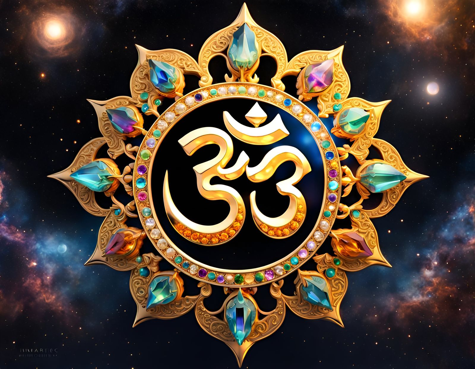 A most intricate and detailed AUM symbol in shiny gold and colorful ...