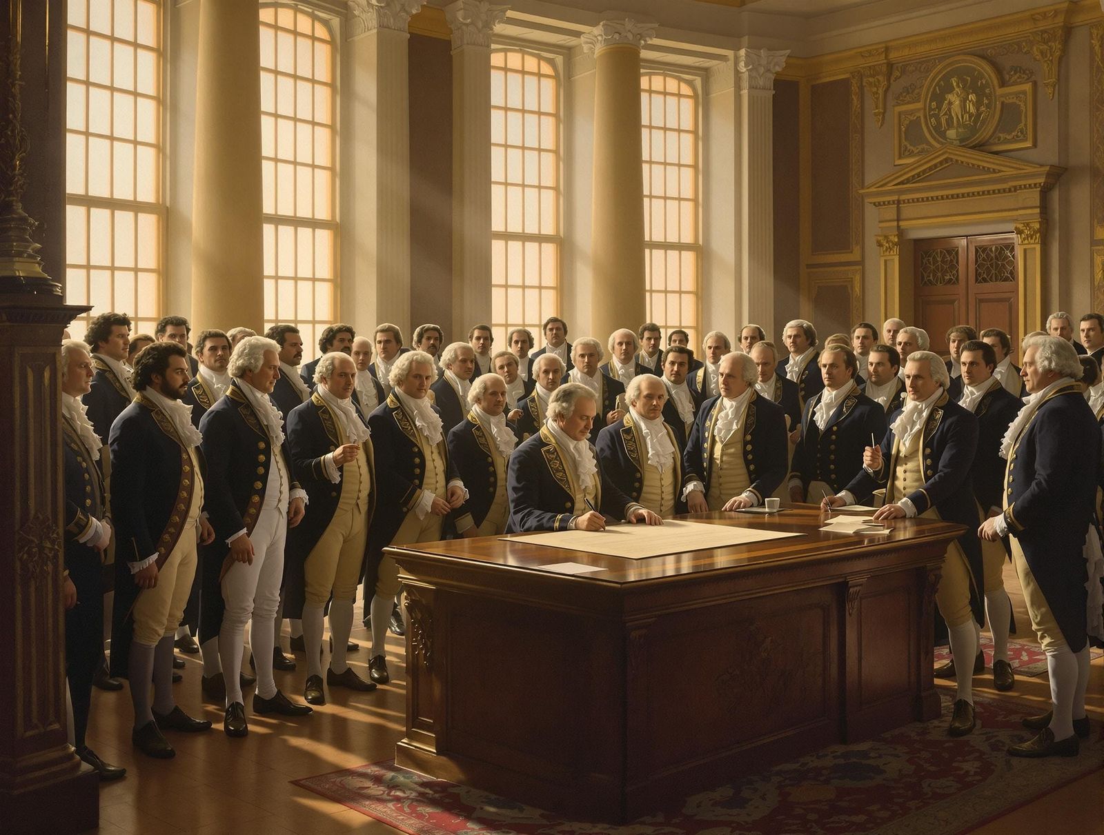 A dignified assembly of 56 delegates quills in hand, at the ...