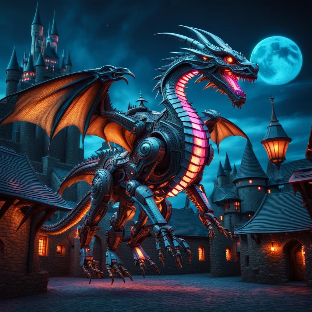 futuristic robot dragon flying through a futuristic medival village ...