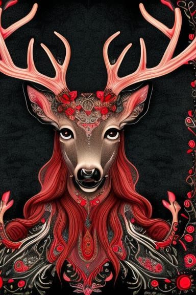 Deer Goddess (new prompt) - Eerie Deer Goddess in Black Fore...