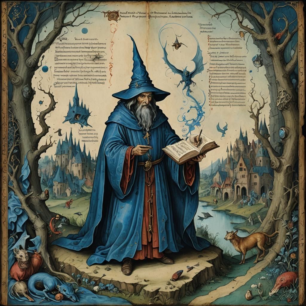 page from a medieval compendium showing a blue robed wizard - AI ...