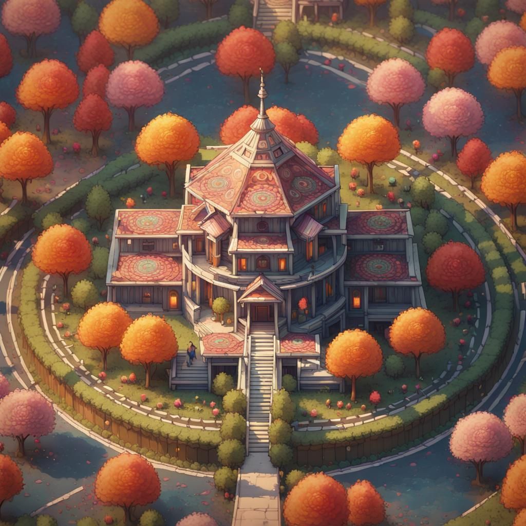 mandala-inspired building, dominant mandala patterns, isometric view ...