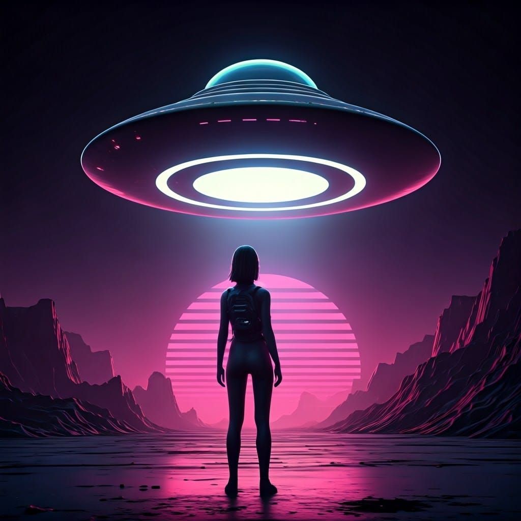 Female Model Underneath a Neon-Lit Synthwave UFO - AI Art