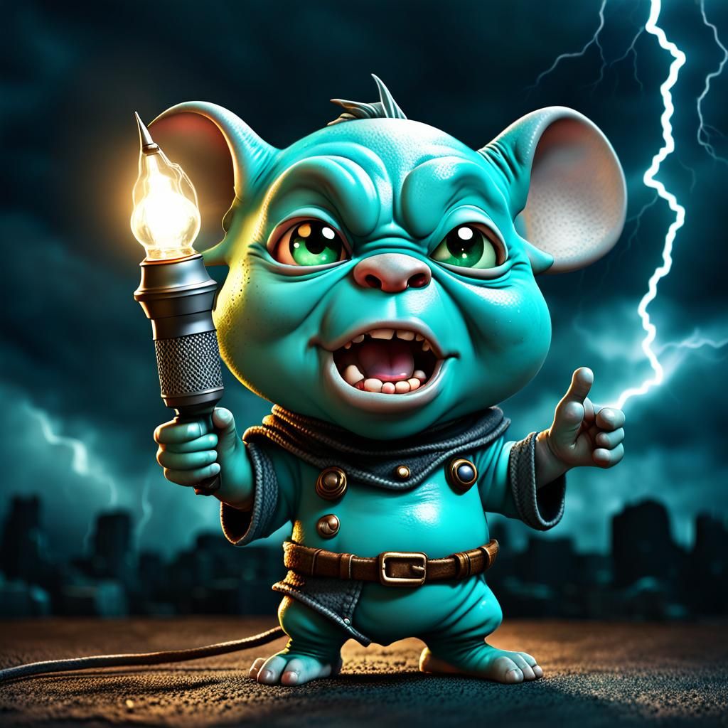 an aggressive but cute exaggerated aqua chibi mouse holding flashlight ...