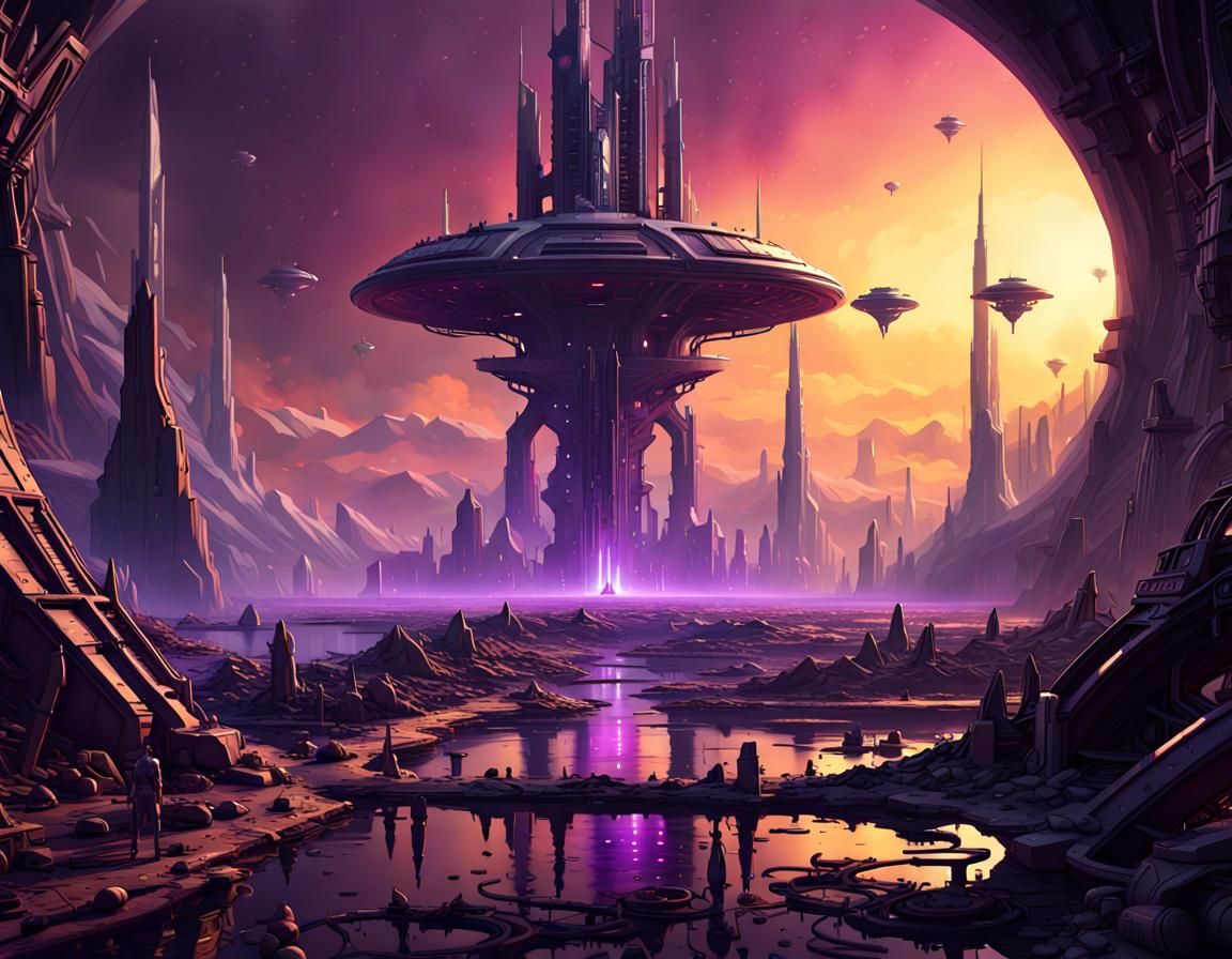 DYSTOPIAN, ALIEN WORLD, SPACE SHIP, DARK FANTASY, 8K RESOLUTION a ...