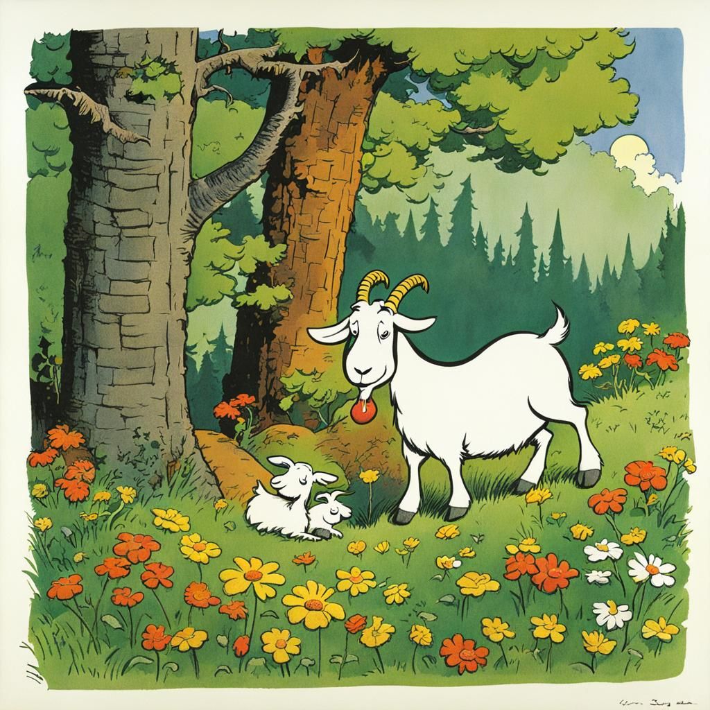 Greedy Goat picture book illustration by Charles Schulz - AI Generated ...
