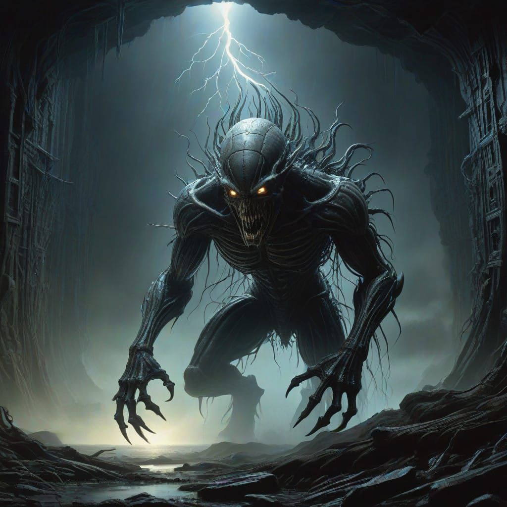Monstrous Creature Emerges from Lightning in Hyper... - AI Art