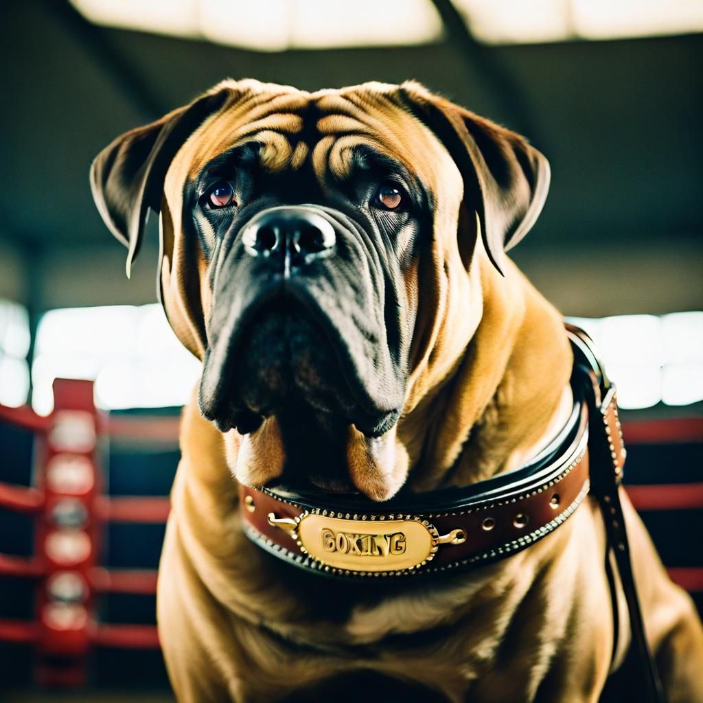 An Obese champion Boxing Bull_Mastiff, in the ring Holding up the ...