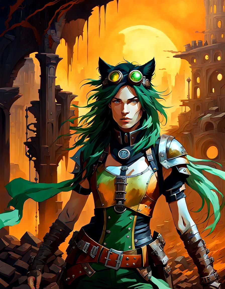 portrait of a thin, tired adventurer with disheveled hair wears a old ...