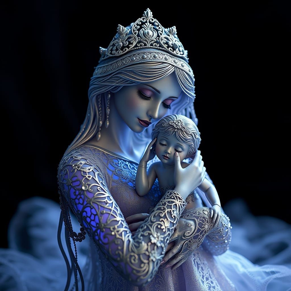 Motherly Figure Embracing Child in Lavender-Blue H... - AI Art