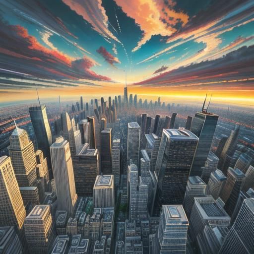 a meticulously detailed cityscape with swirling, vibrant clouds ...