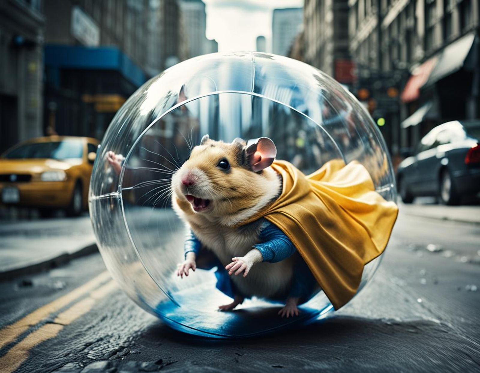 A hamster in a hamster ball dressed as a superhero rolling down a city ...