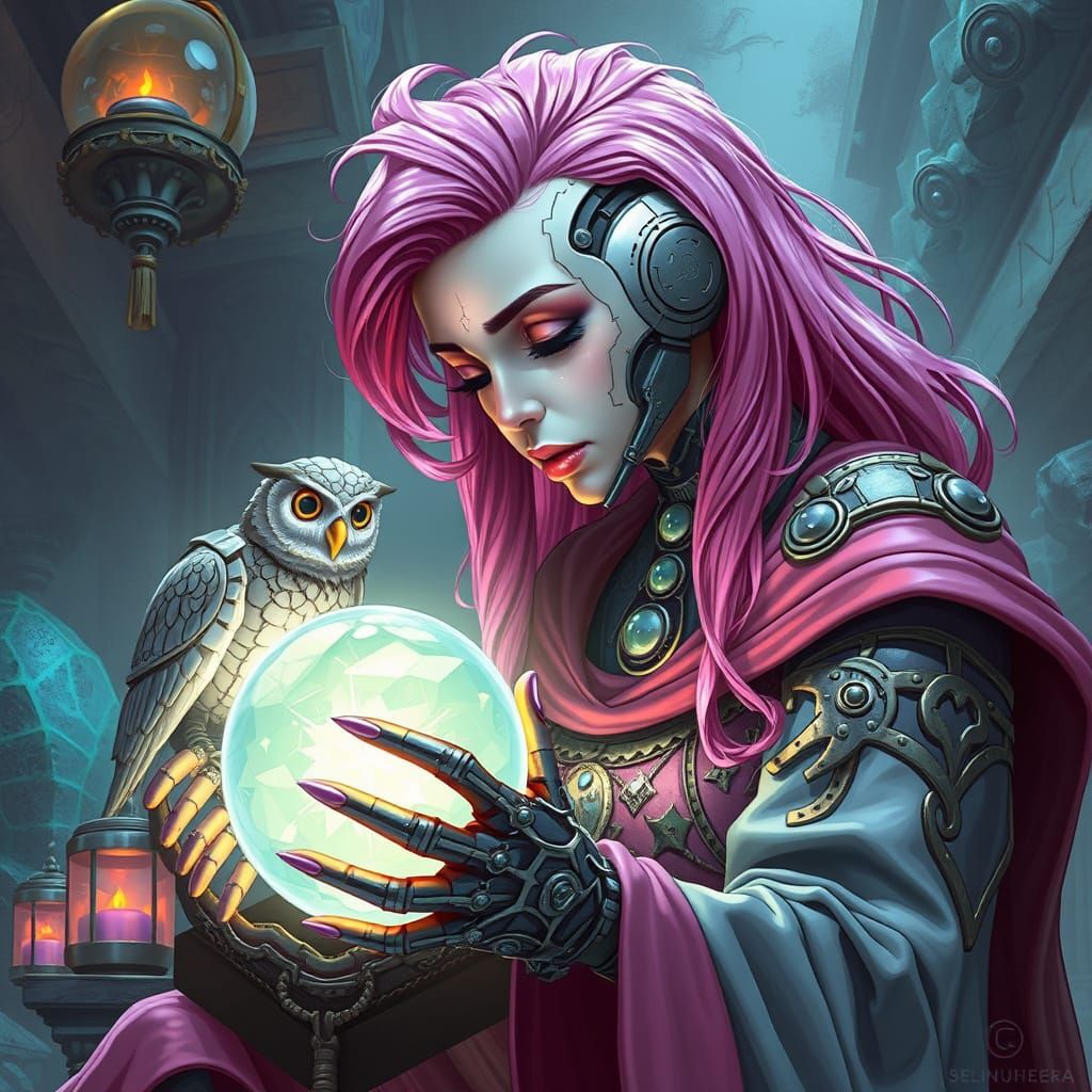 Cyborg Witch Gazing into Crystal Ball in Cyberpunk... - AI Art