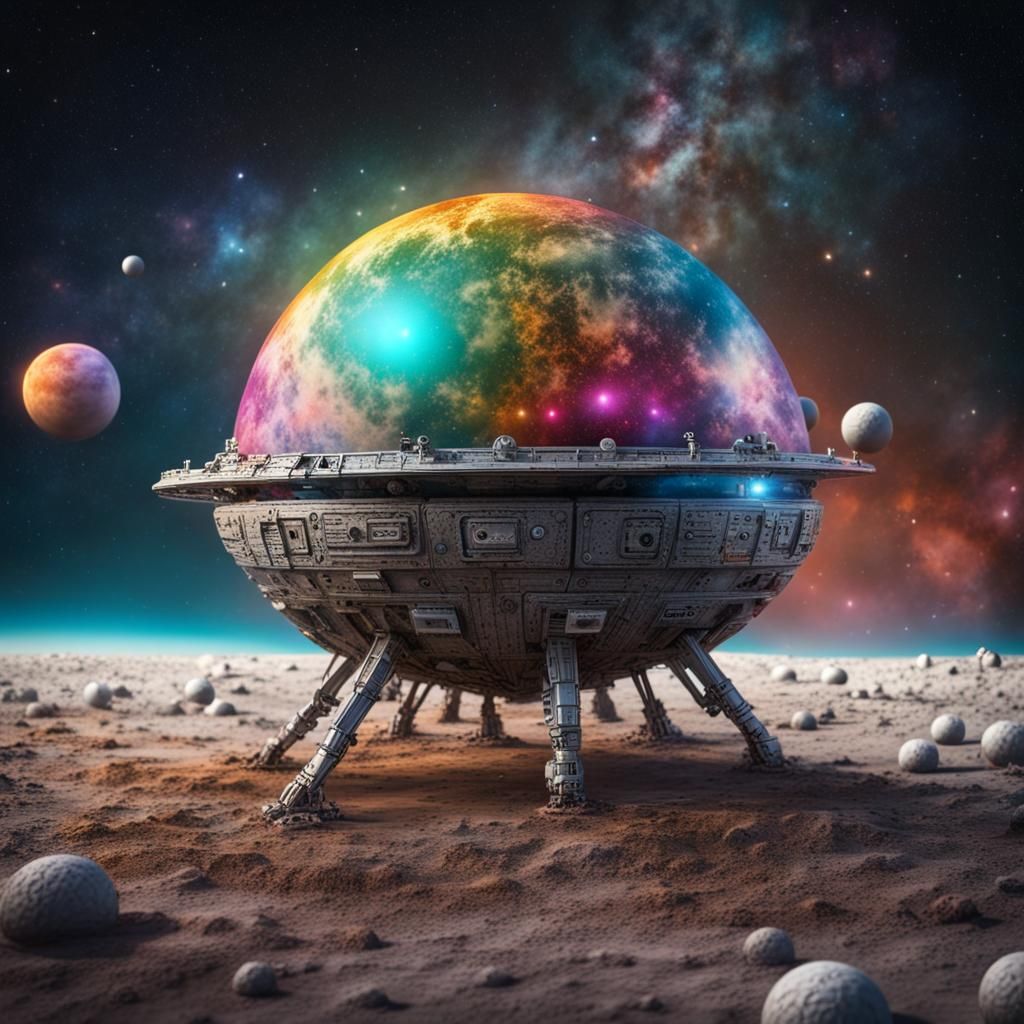 Spheres on the moon surface full of starscapes. miniature alien ...