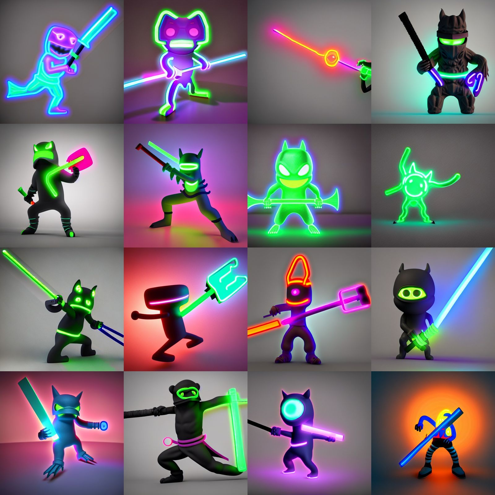 A happy glowing neon ninja monster, with a shining glowing hammer, 3D ...